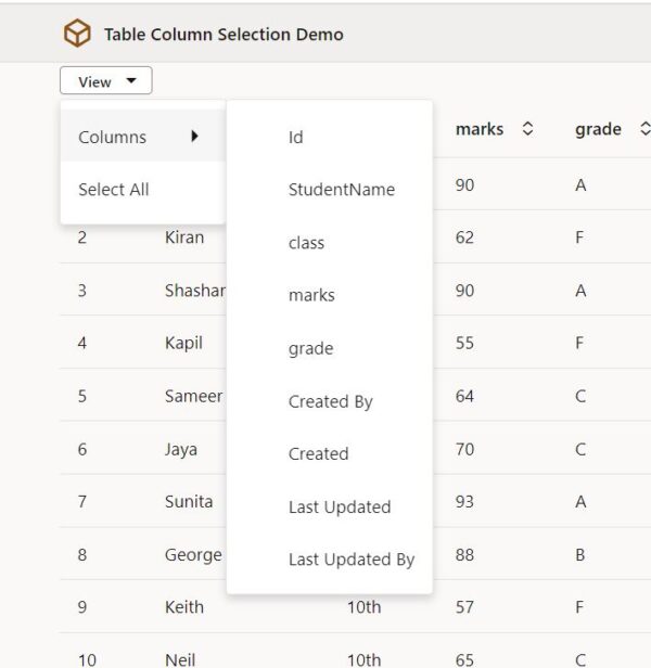 Hide and Show columns in Oracle Visual Builder table - TechSupper